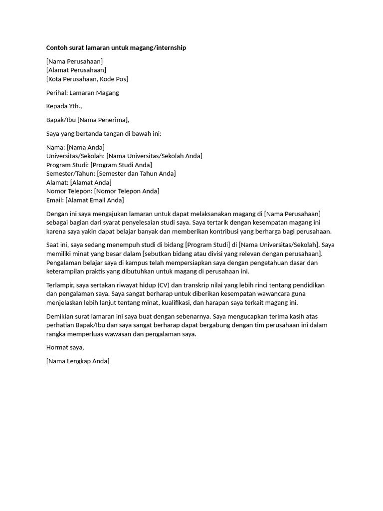 Contoh Surat Lamaran Untuk Magang | PDF