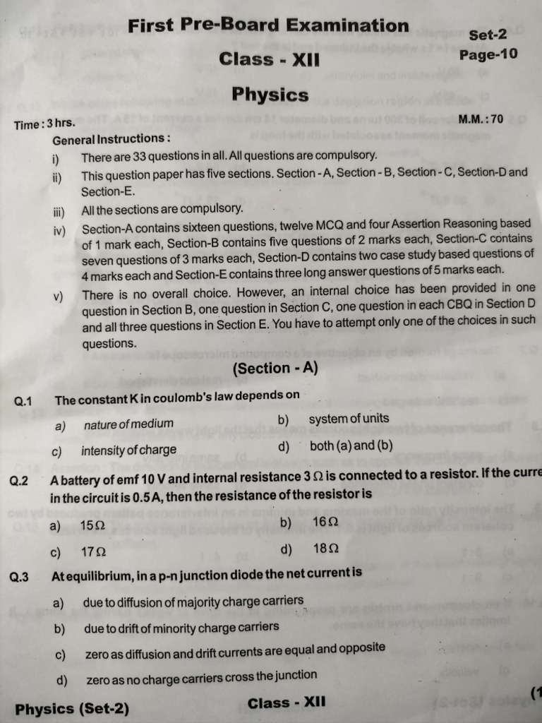 Physics First Pre Board Examination Set 2 | PDF