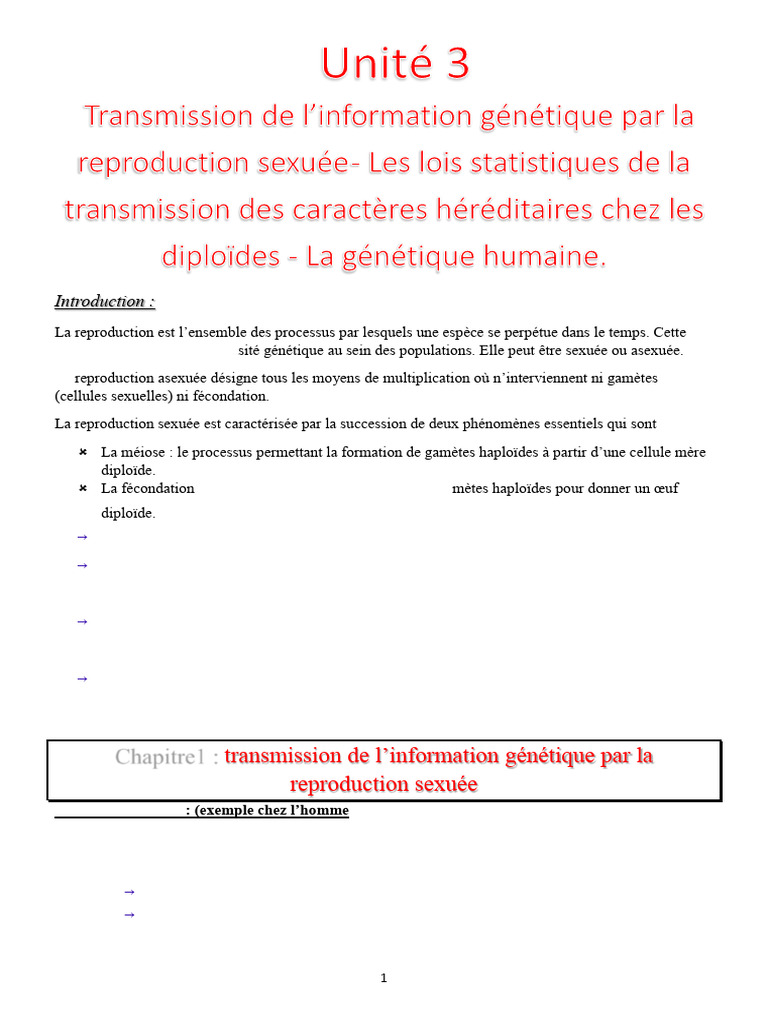 Reproduction et transmission génétique humaine | PDF | Méiose | Chromosome