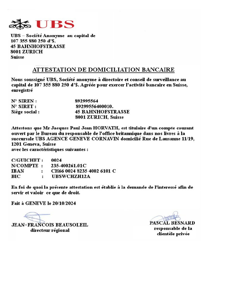 Attestation de Domiciliation Ubs | PDF