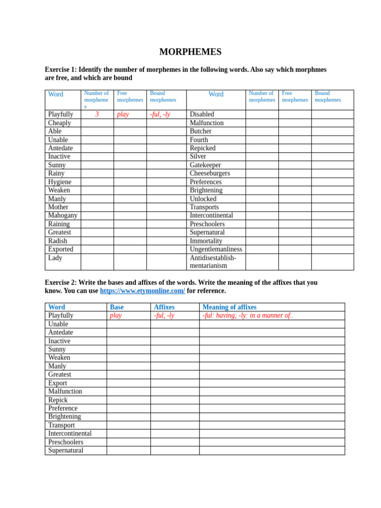 2024 MORPHEMES Exercises | PDF | Grammar | Linguistic Typology
