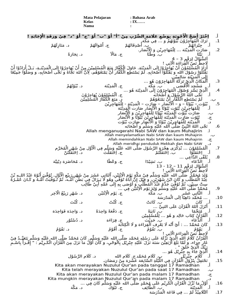 Soal Penilaian Akhir Semester Bahasa Arab MTs Kelas 9 TP 2021-2022 - MTs Arabic | PDF