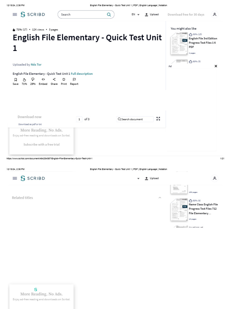 English File Elementary - Quick Test Unit 1 - PDF - English Language ...