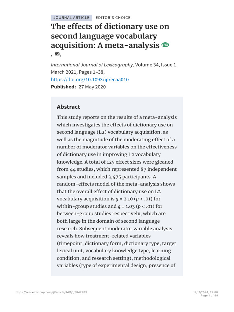 Effects of Dictionary Use on Second Language Vocabulary Acquisition- A ...