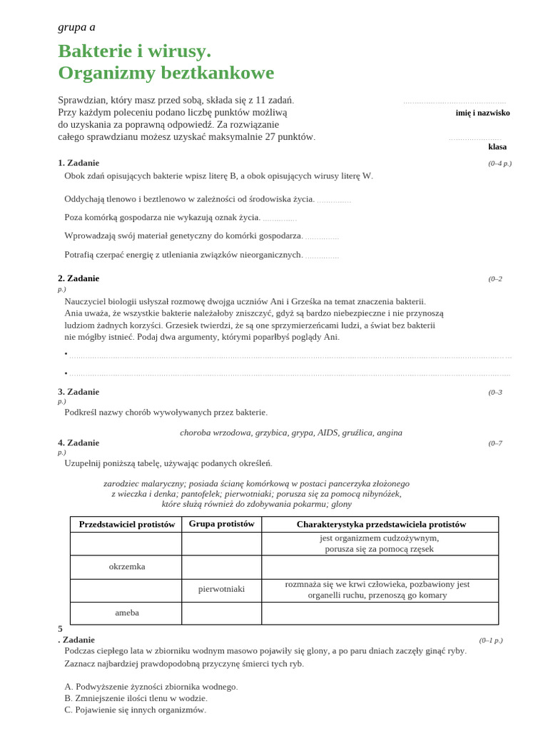 Sprawdzian 3 Bakterie I Wirusy Organizmy Beztkankowe | PDF