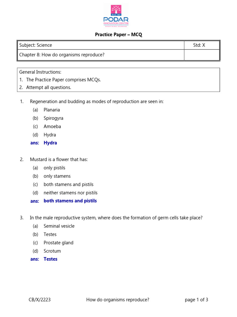 MCQ Practice Paper on Organism Reproduction | PDF | Reproduction | Flowers