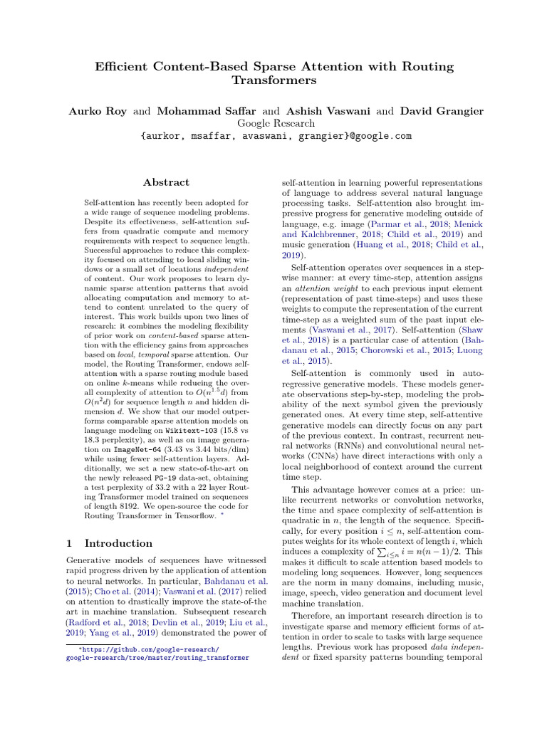 2020tacl Eﬃcient Content Based Sparse Attention With Routing Transformers Pdf Cluster 