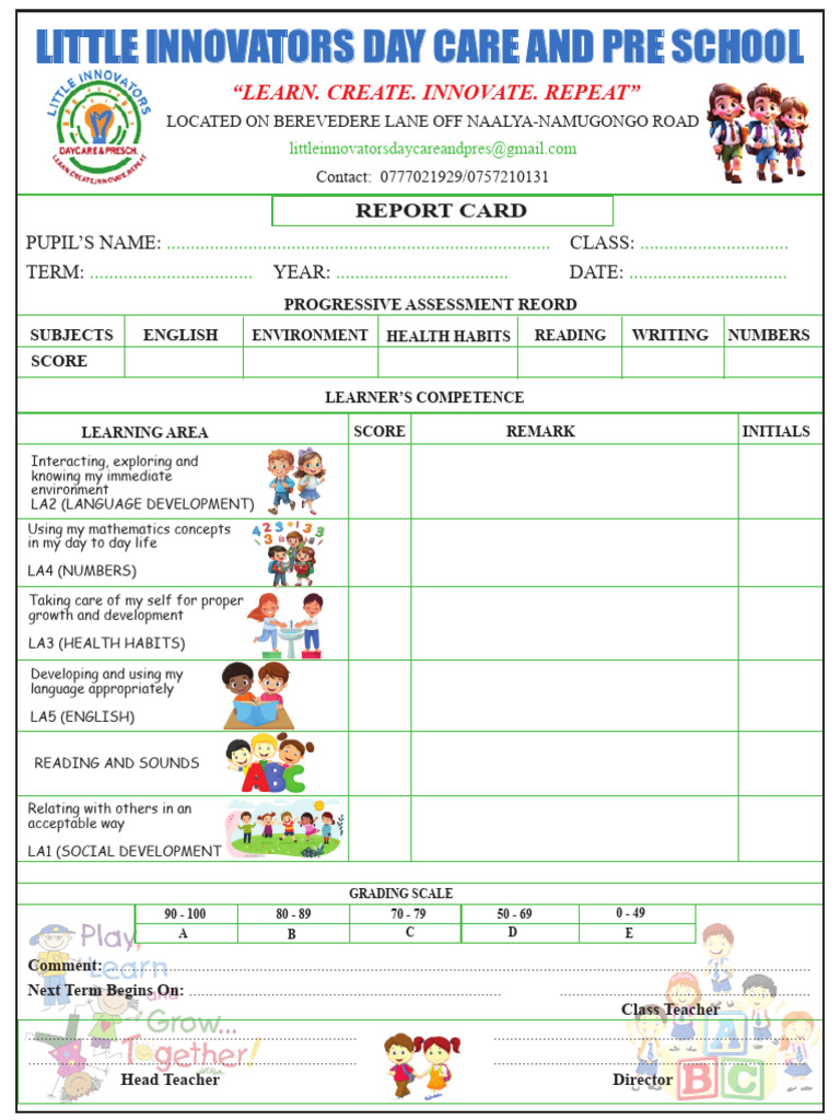 Preschool Progress Report Card Template | PDF | Learning | Education Theory