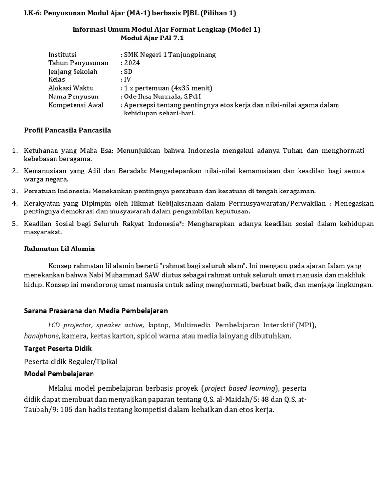 LK-6: Penyusunan Modul Ajar (MA-1) berbasis PJBL (Pilihan 1) | PDF