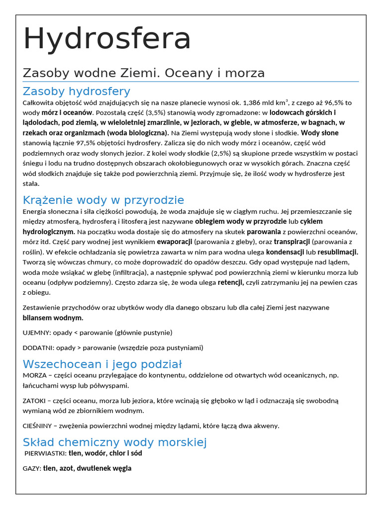 Hydrosfera - Notatka | PDF