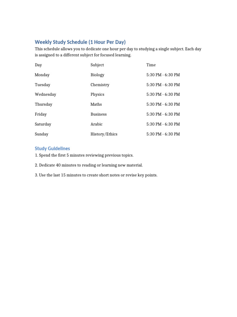 Weekly Study Schedule | PDF