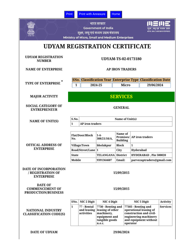 Udyam Registration Certificate for AP Iron Traders | PDF