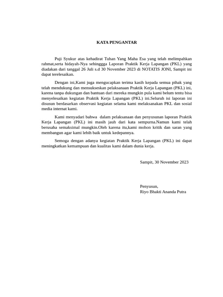 Kata Pengantar (PKL) | PDF