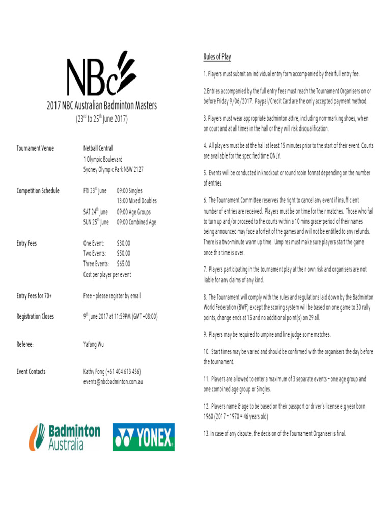 2017 NBC Australian Badminton Masters | PDF | Tournament