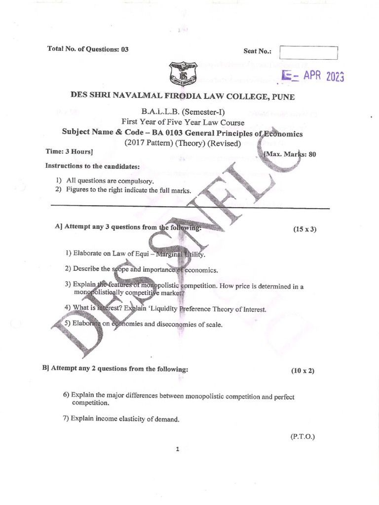 103 General Principles of Economics SEM 1 PYQ | PDF | Economics | Economic Theories