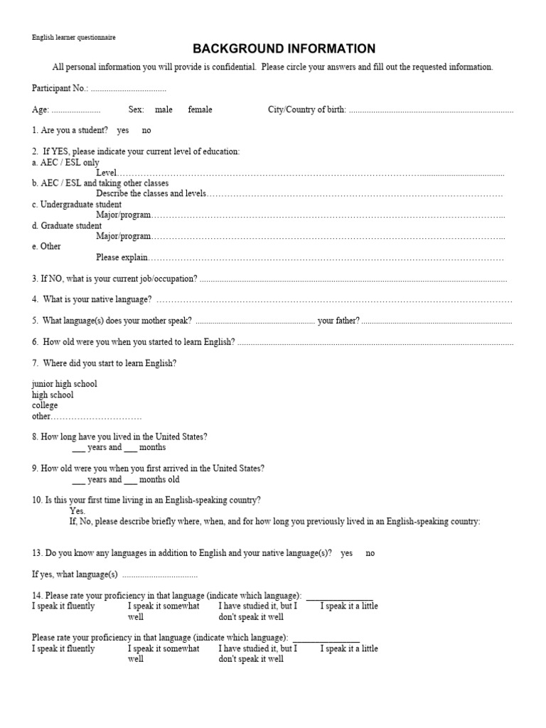 Questionnaire - English (Any L1) | PDF | First Language | English As A ...