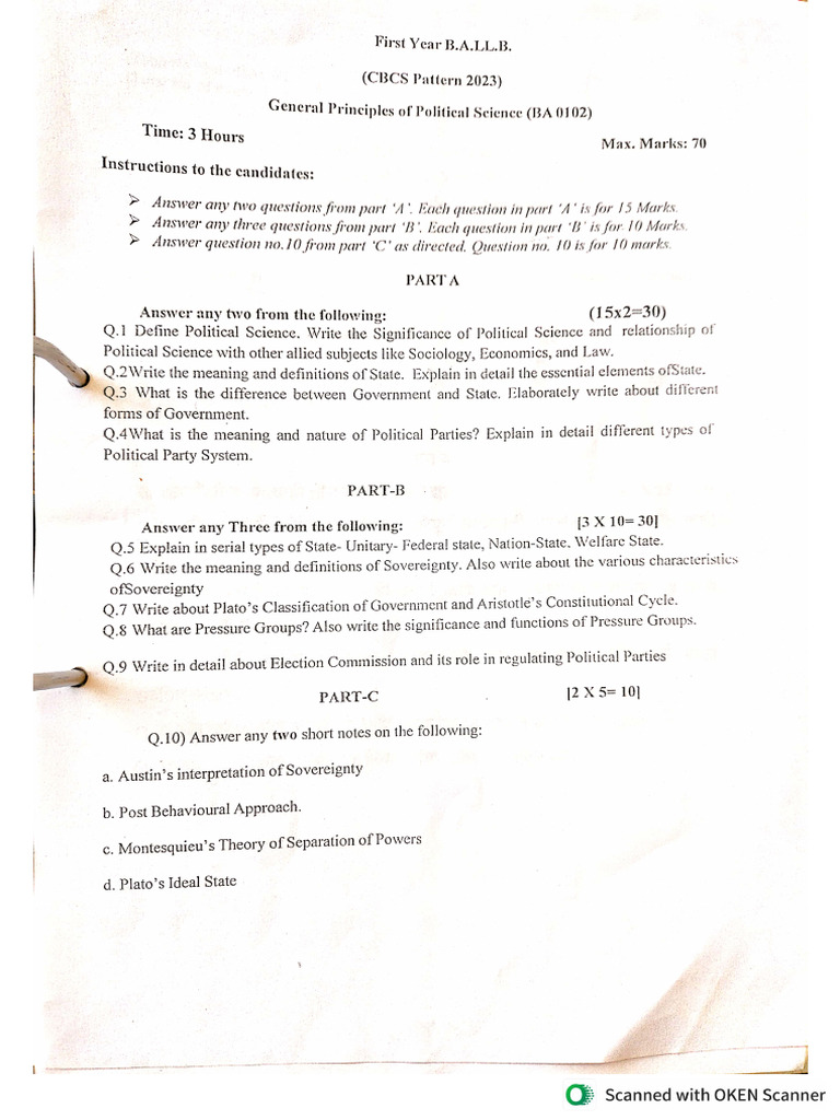 Ballb 1st Year Cbcs Pattern Question Paper - 1 | PDF