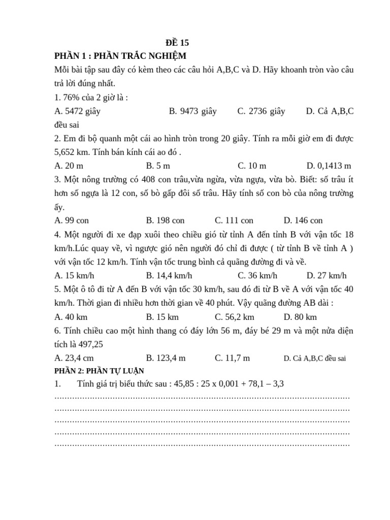 8 ĐỀ ÔN HÈ TOÁN LỚP 5 LÊN LỚP 6 | PDF