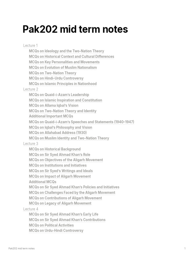 Midterm Notes Pak Study | PDF | Two Nation Theory | Muhammad Ali Jinnah