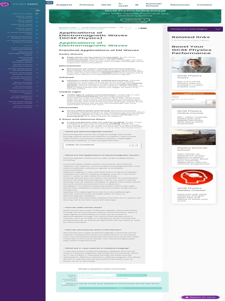 Applications of Electromagnetic Waves (GCSE Physics) - Study Mind | PDF | Electromagnetic ...