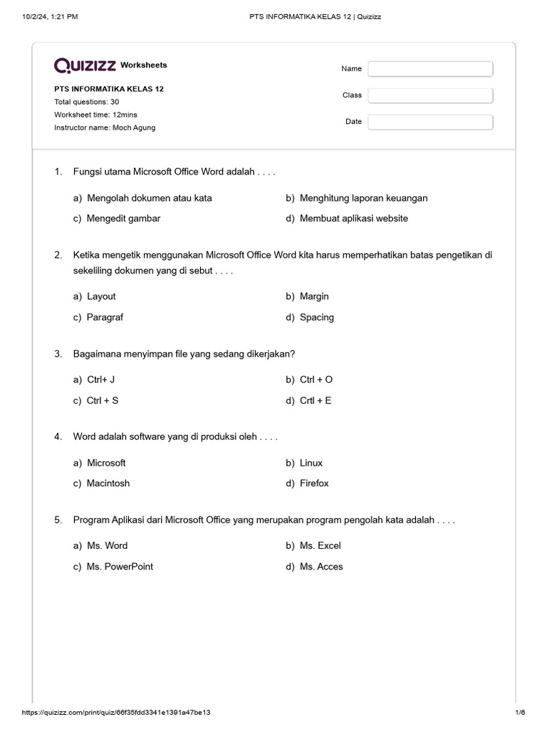 PTS INFORMATIKA KELAS 12 - Quizizz | PDF