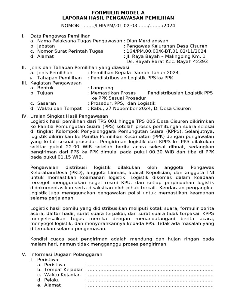 Form A PDISTRIBUSI LOGISTIK DESA CISUREN PPS KE PPK | PDF
