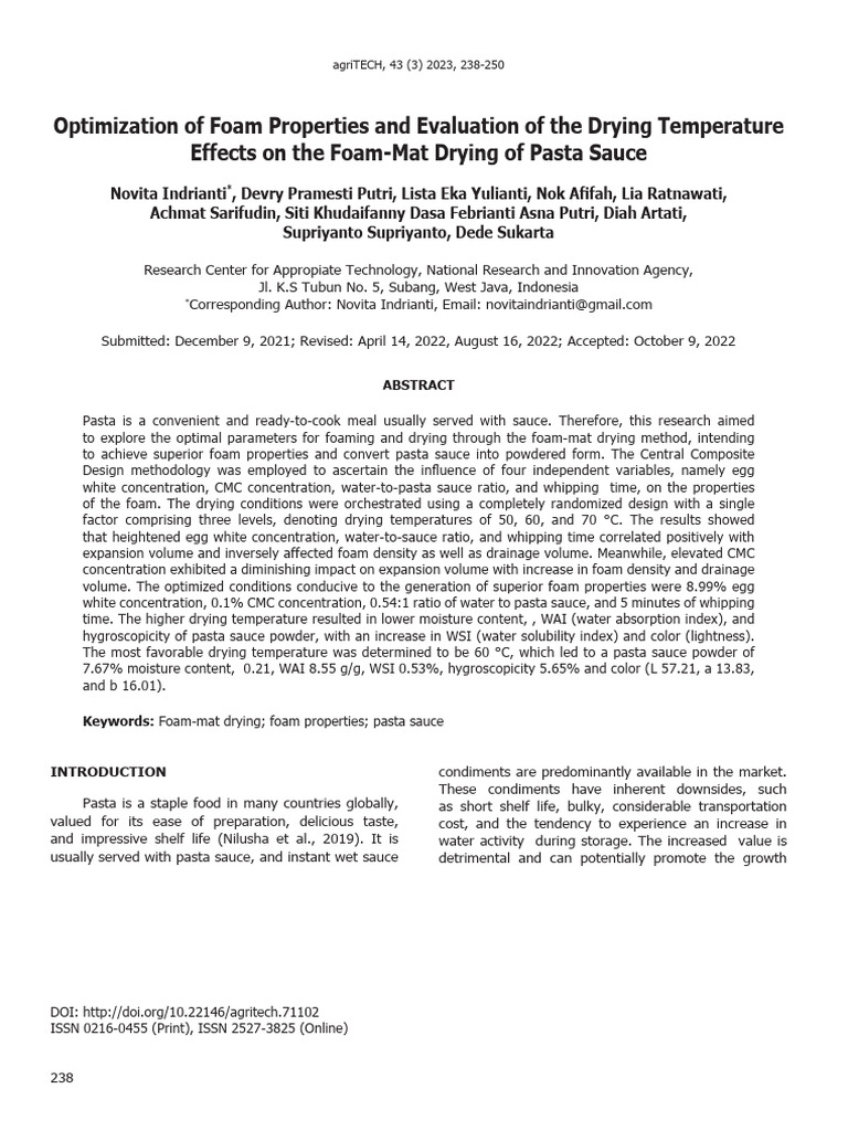 Optimization of Foam Properties and Evaluation of The Drying ...