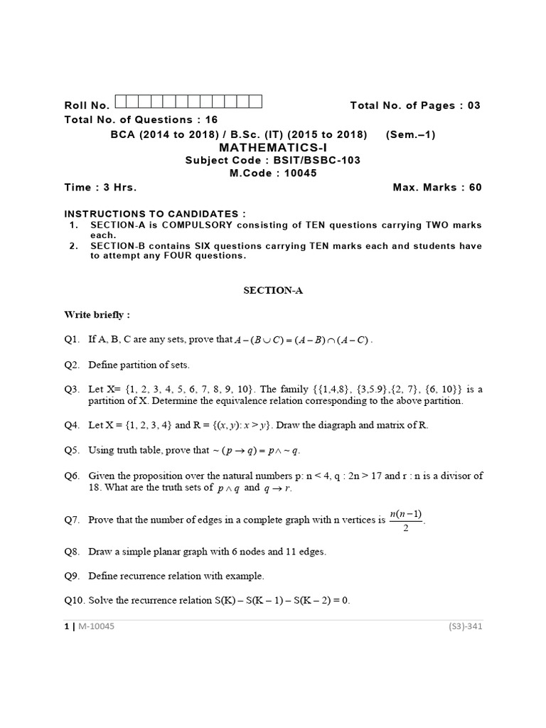 BCA/B.Sc. IT Mathematics Exam | PDF | Computational Problems | Mathematical Relations
