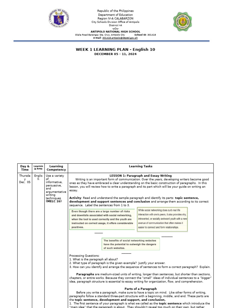 3rd-Quarter_Week-1_Grade 10 | PDF | Essays | Paragraph