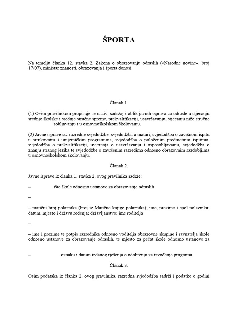 555pravilnik o Javnim Ispravama U Obrazovanju Odraslih | PDF