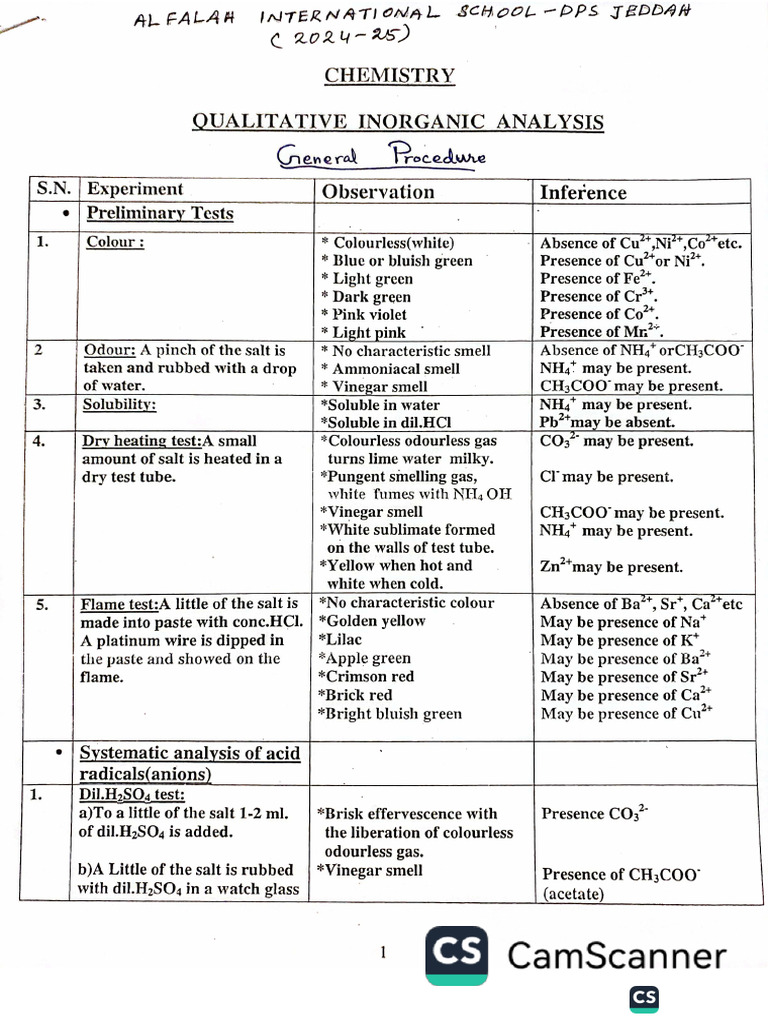 Chemistry Grade 11 Qualitative Inorganic Analysis (2024-25) | PDF