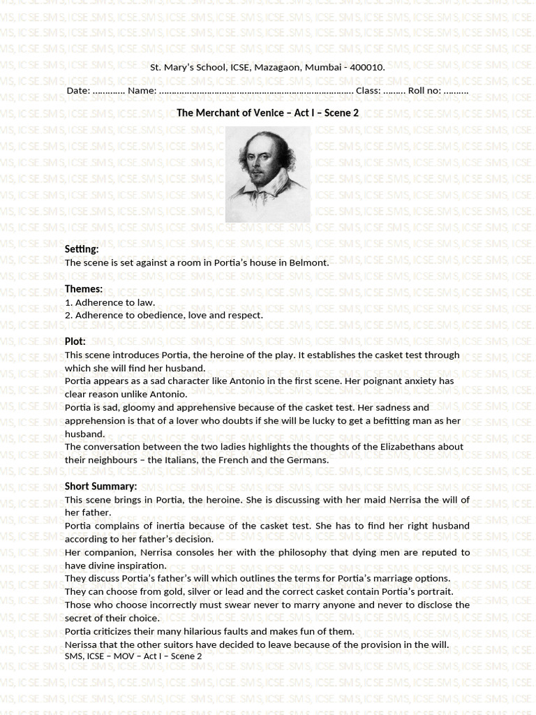 The Merchant of Venice - Act I - Scene 2 (Student's Copy) (New) | PDF ...
