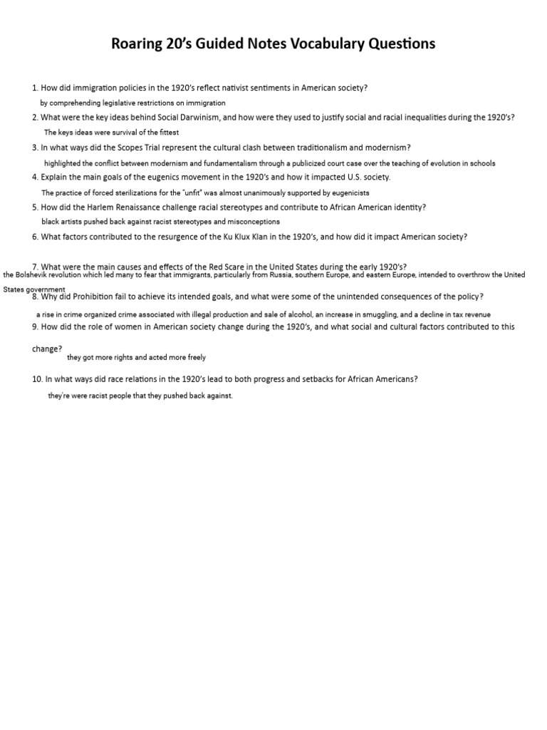 Kami Export - Unit 5 Guided Notes Roaring 20's Vocabulary Questions | PDF