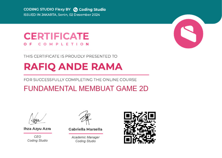 Sertifikat Coding Studio - Fundamental Membuat Game 2D - RAFIQ ANDE RAMA | PDF