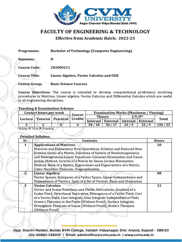 202000211 Linear Algebra Vector Calculus And Ode Pdf Vector Space