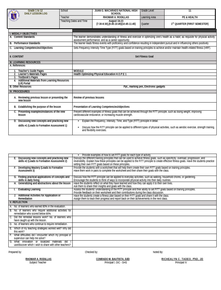 PE Q1 DLL Mod2 Set Fitness Goal August 19 23 Done | PDF | Physical ...