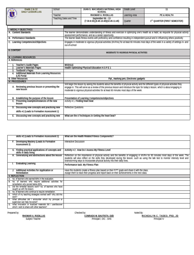 Pe q1 Dll Mod3 Moderate to Vigorous Physical Activities August 26 30 ...