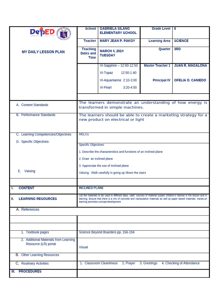 DLP Science 6 q3 Simple Machine Inclined Plane | PDF | Learning ...
