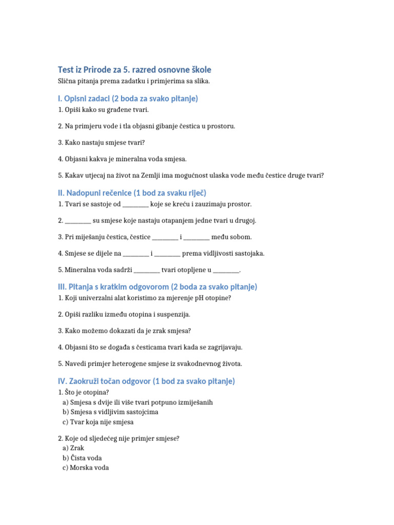 Test Priroda 5 Razred Slicna Pitanja | PDF
