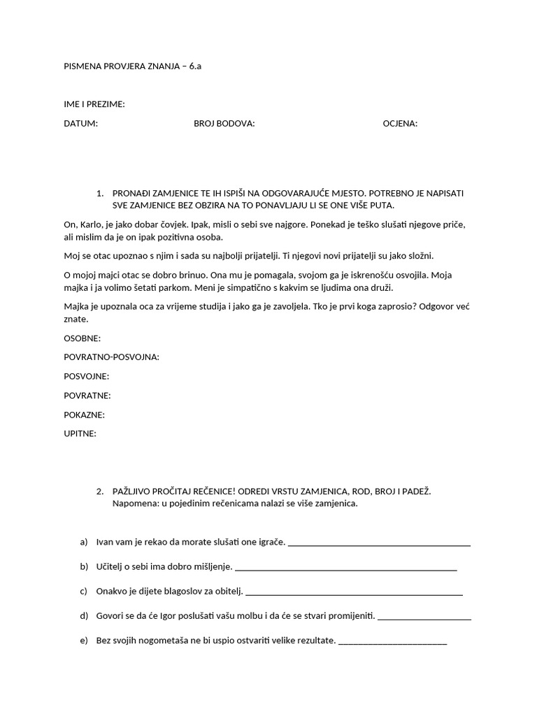 PISMENA PROVJERA ZNANJA - 6.a | PDF