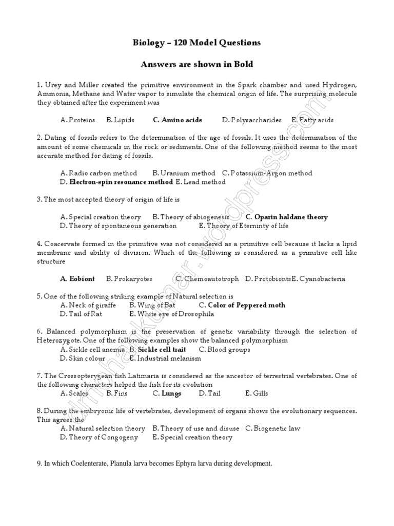 Biology 120 MCQ With Answers1 | PDF | Abiogenesis | Cell (Biology)
