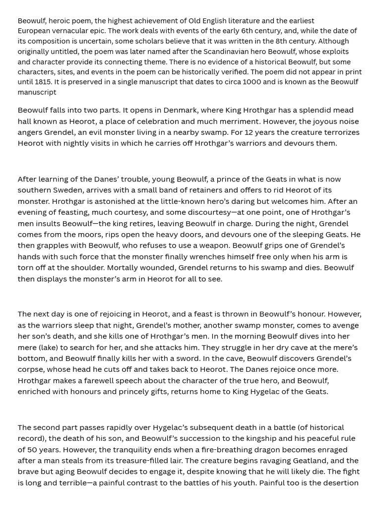 Beowulf Heroic Poem The Highest Achievement of Old English Literature ...