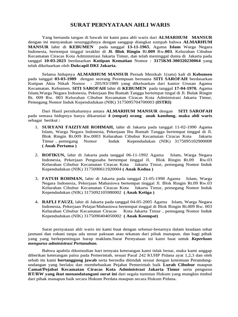 Surat Ahli Waris MANSUR | PDF