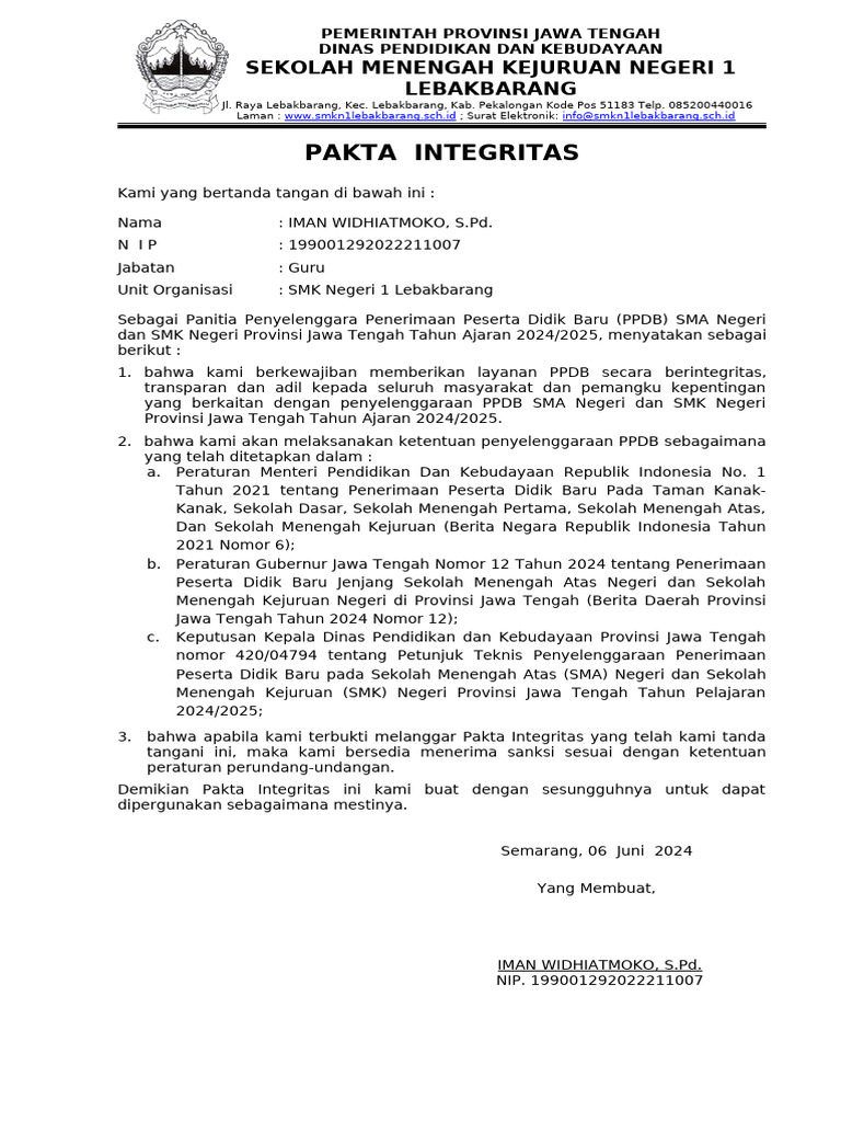 Pakta Integritas-Panitia | PDF