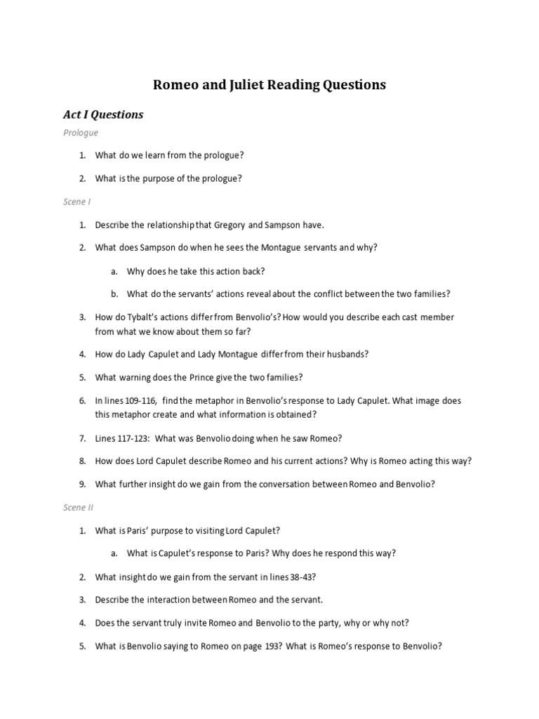 Romeo and Juliet Reading Questions_0 | PDF | Characters In Romeo And ...