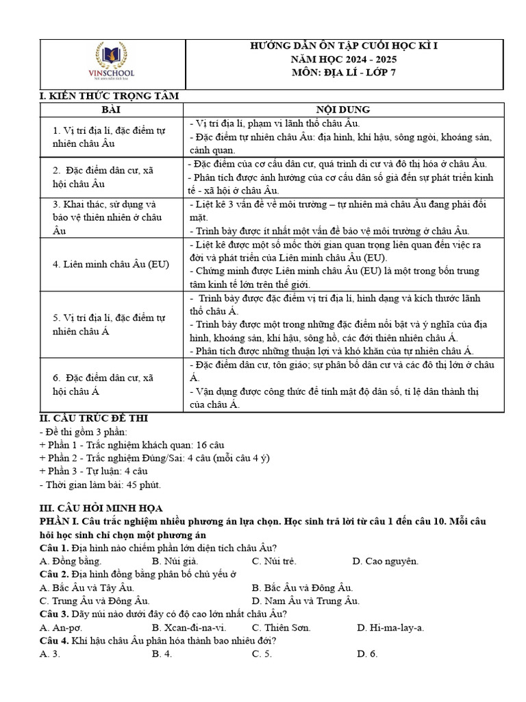 Địa Lí 7 - Hướng Dẫn Ôn Tập - CKI | PDF