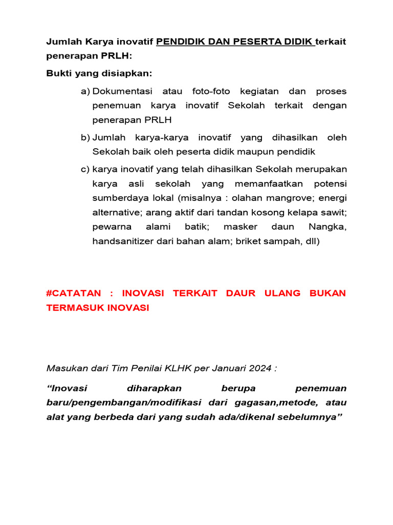 Jumlah Karya Inovatif PENDIDIK DAN PESERTA DIDIK Terkait Penerapan PRLH ...