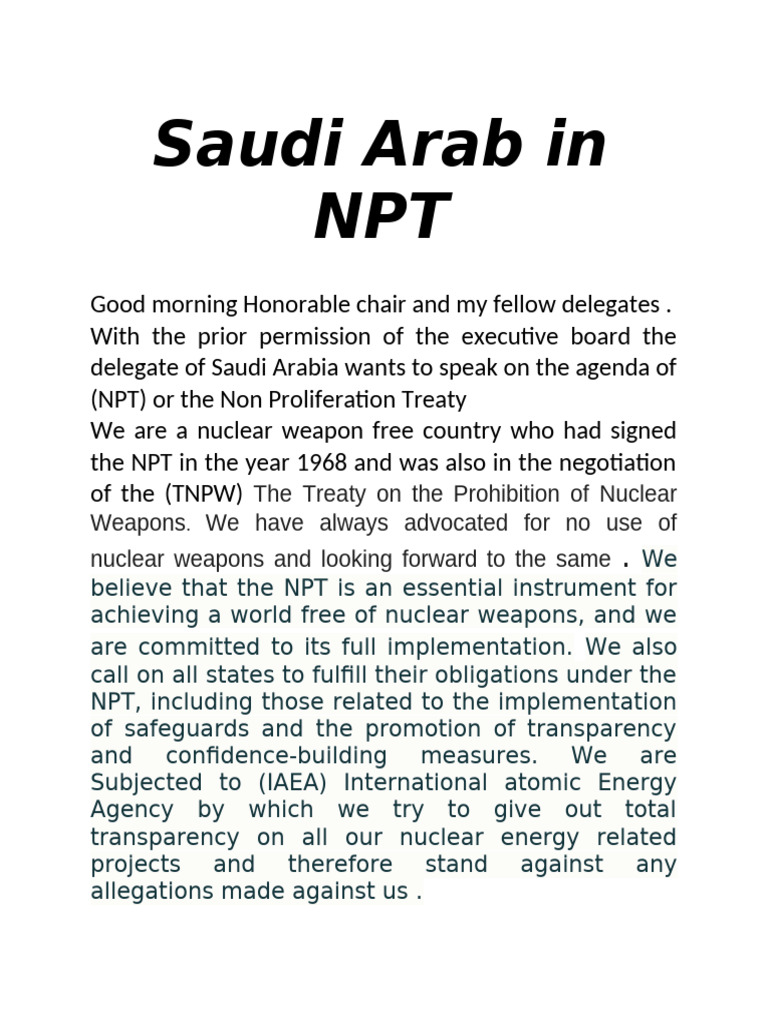 Saudi Arabia's Commitment to NPT | PDF | Treaty On The Non ...