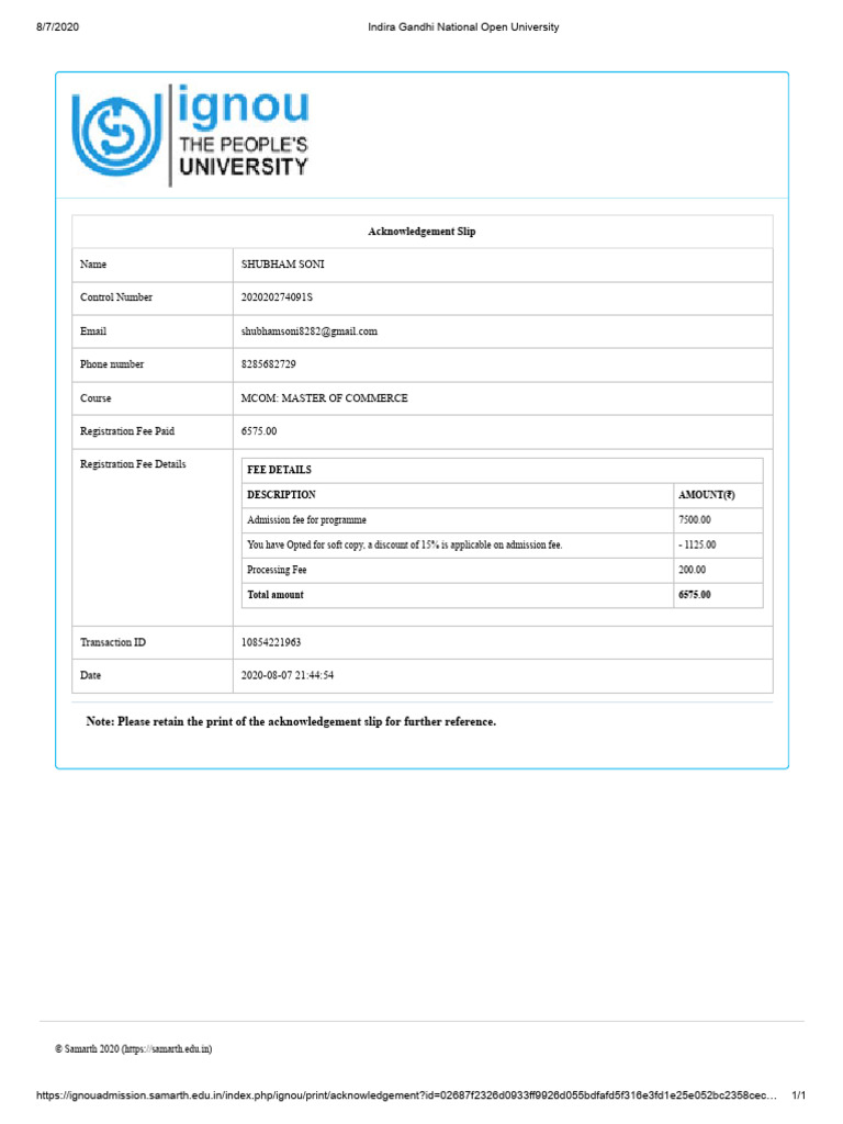 Fee Receipt Mcom IGNOU | PDF