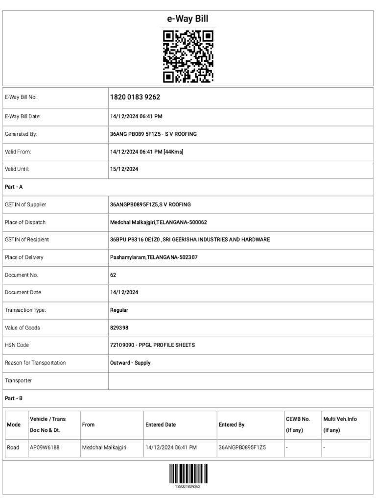 E-way Bill Inv No 062 | PDF